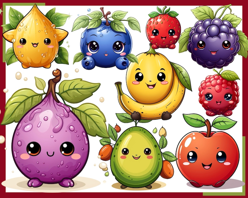 CUTE KAWAII FRUITS - 100 Clip Arts (300 Dpi, Fruit, Transparent ...