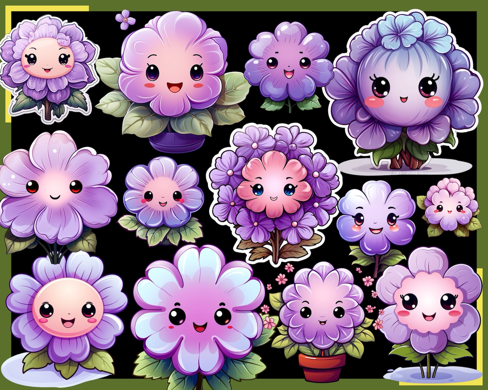 CUTE KAWAII FLOWERS - 100 Clip Arts (300 Dpi, Flower, Transparent ...