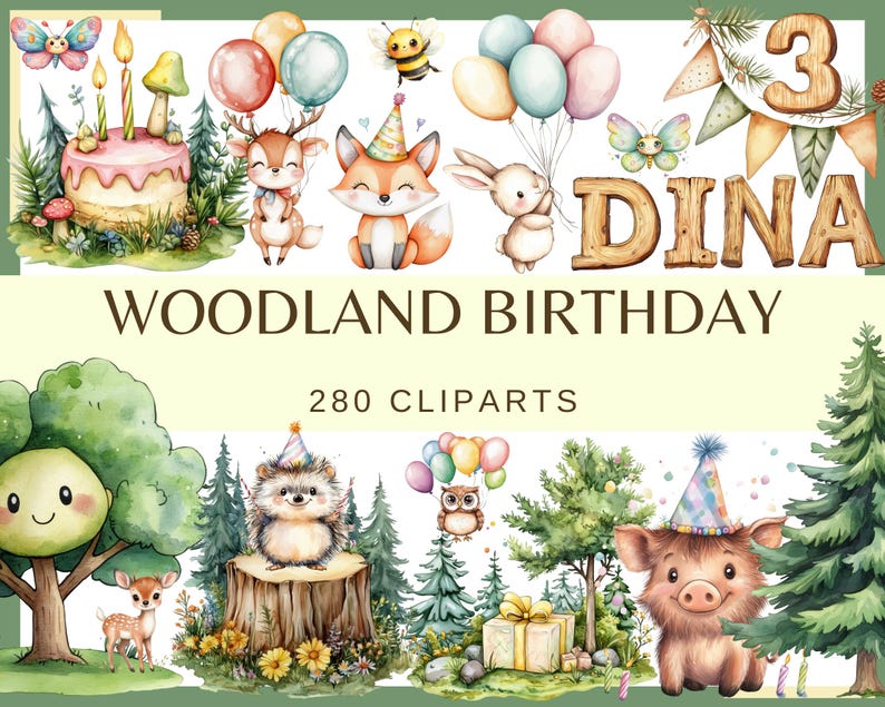 Woodland Birthday Clipart: Forest Animal Graphics (280 PNG) - Etsy