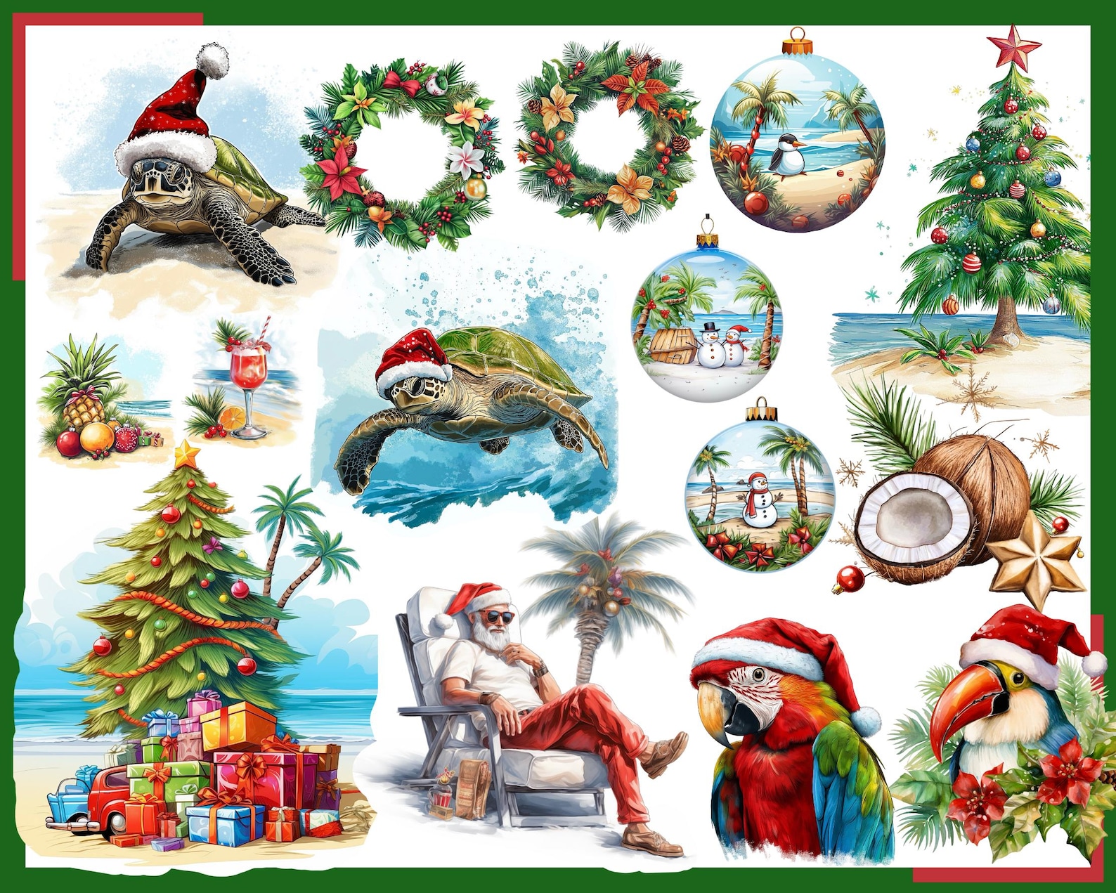 Tropical Christmas Clipart: Island Holiday PNG Graphics (120 Pc ...