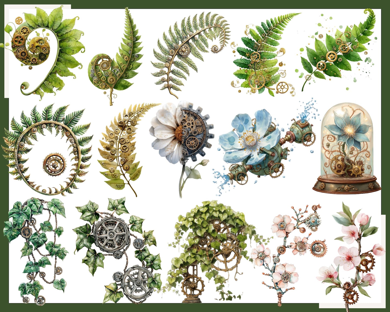 STEAMPUNK FLOWERS - 110 Cliparts | Vintage Mechanical Floral ...