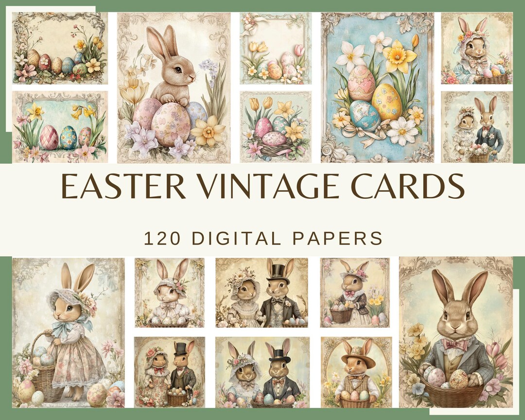 EASTER VINTAGE CARDS - 120 Watercolor Clip Arts (vintage Bunny, 300 Dpi ...