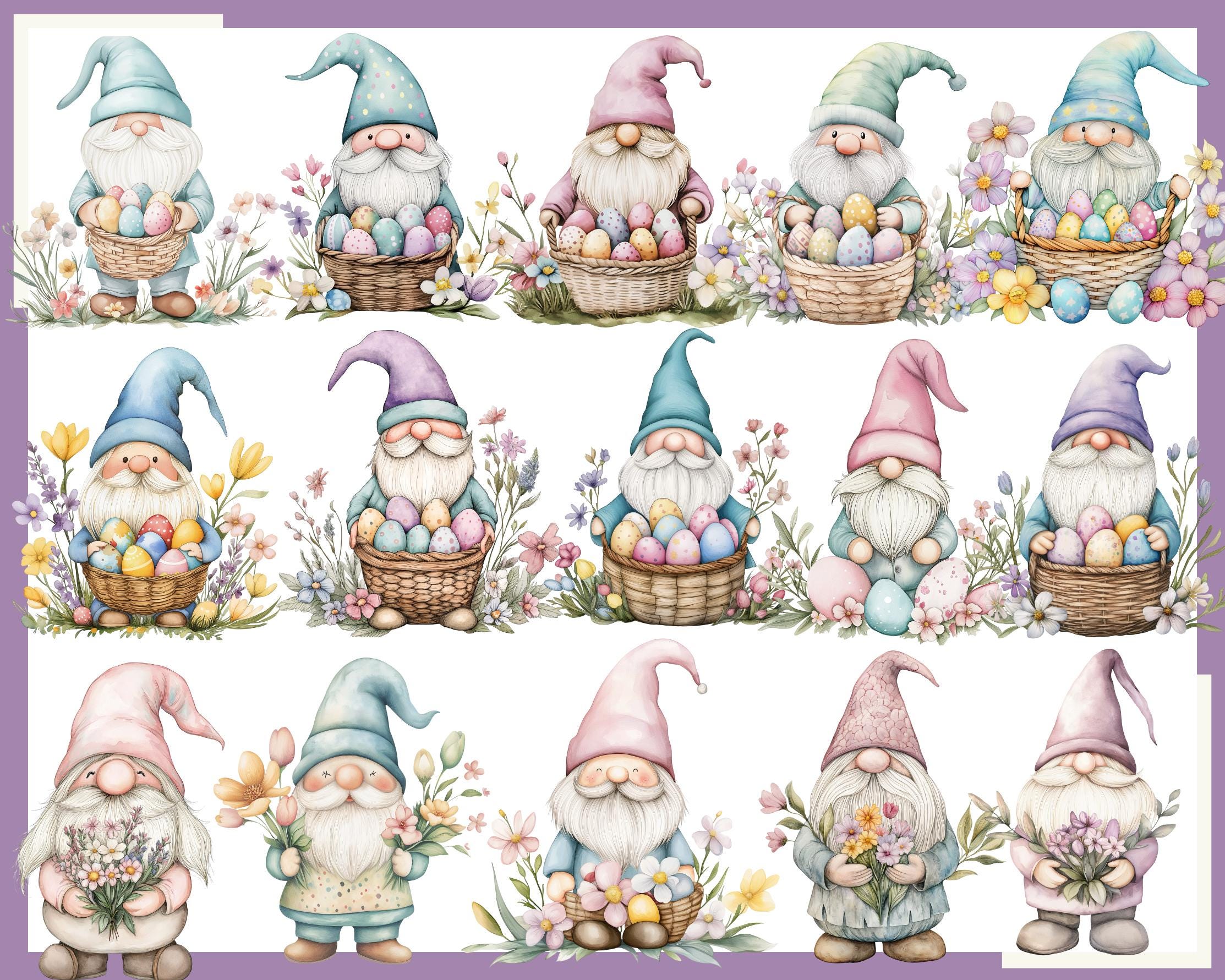 Easter Gnomes Watercolor Clipart: 110 PNG Illustrations (commercial Use ...