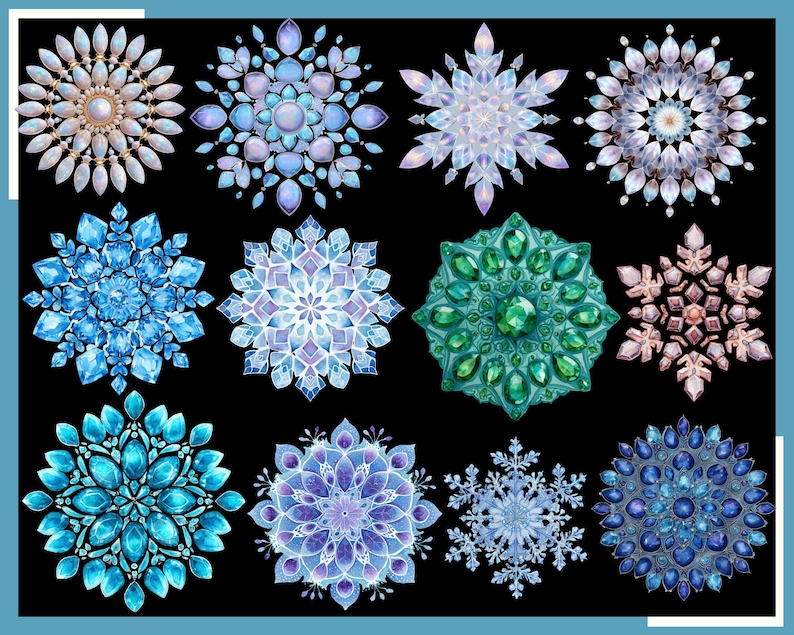 Snowflake Mandala Clipart: 140 PNG Winter Graphics, Christmas ...