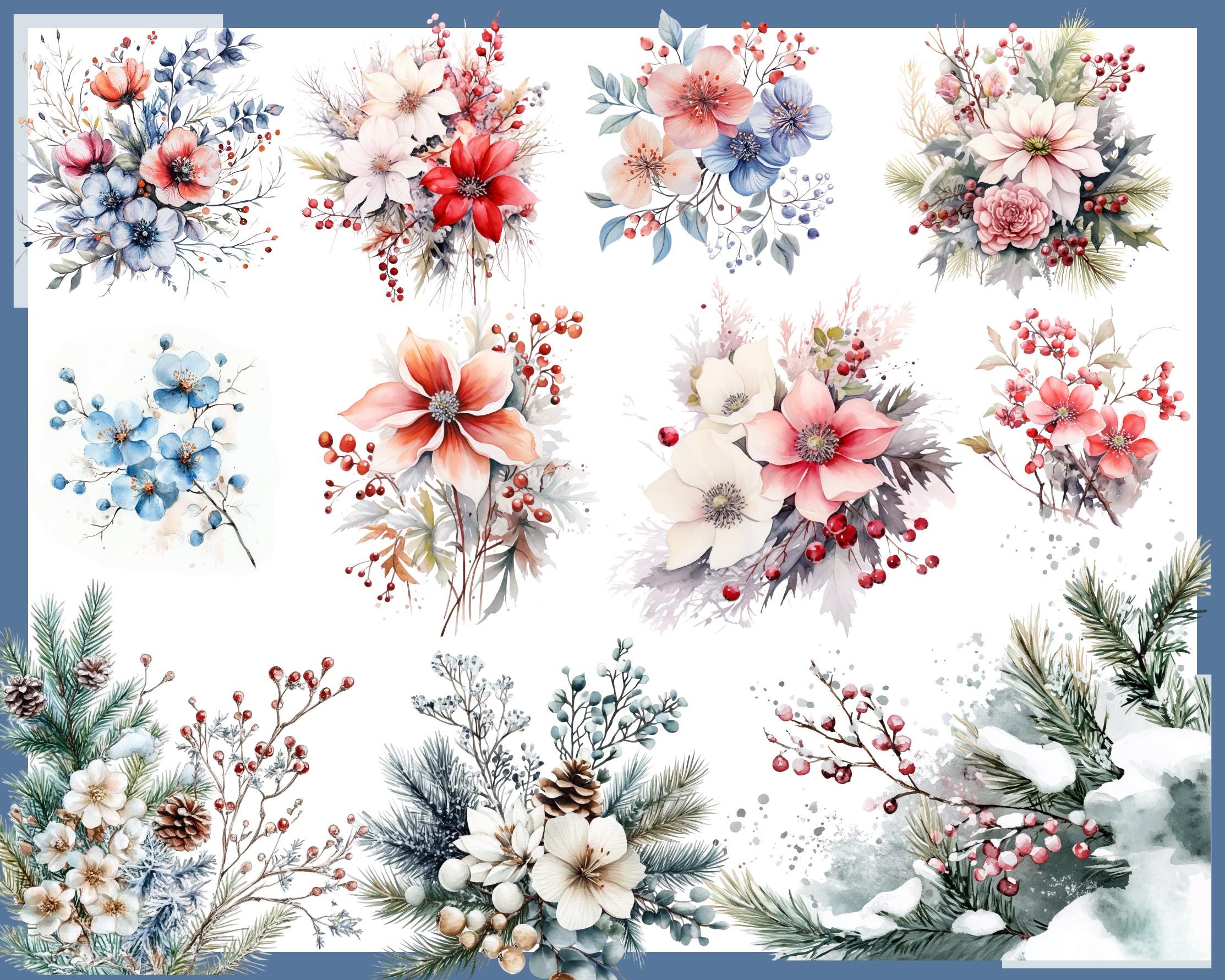 Winter Flowers Clipart: Watercolor Floral PNG Bundle (110 Files) - Etsy