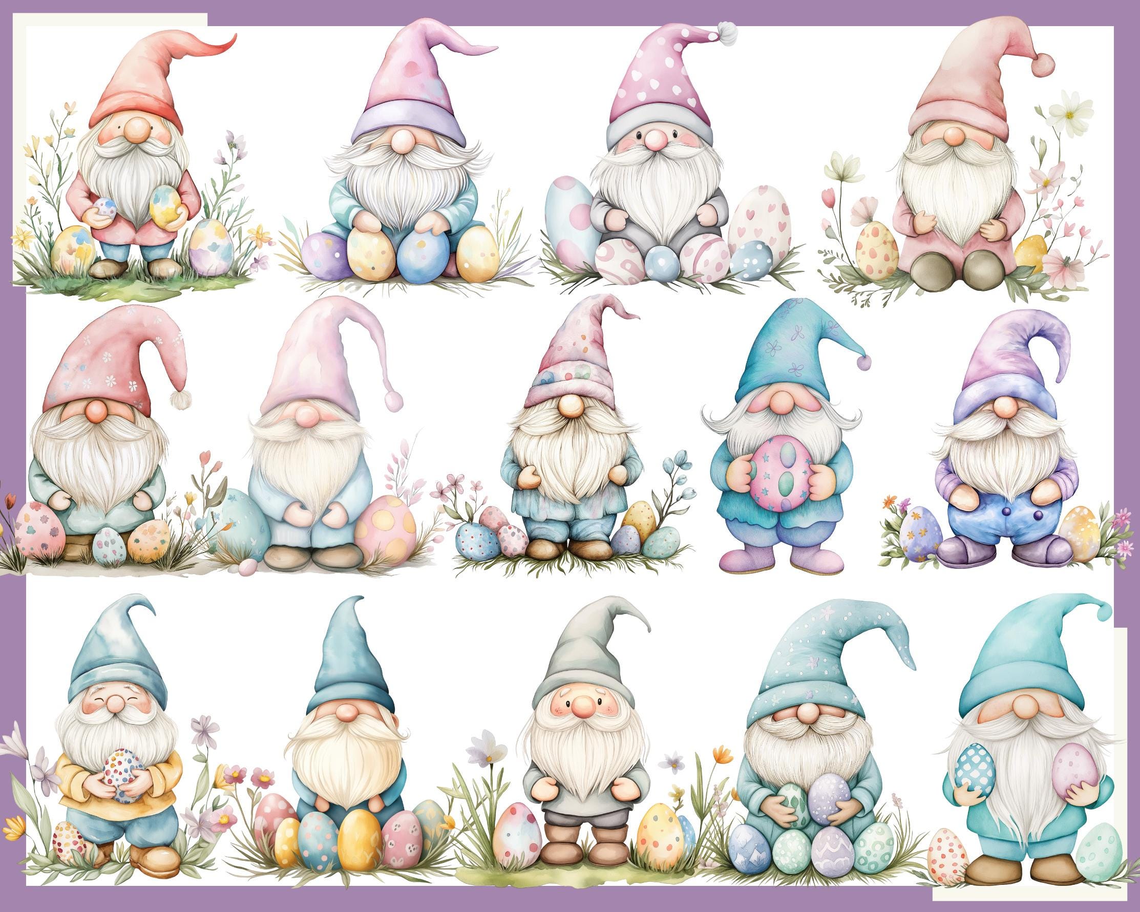 Easter Gnomes Watercolor Clipart: 110 PNG Illustrations (commercial Use ...