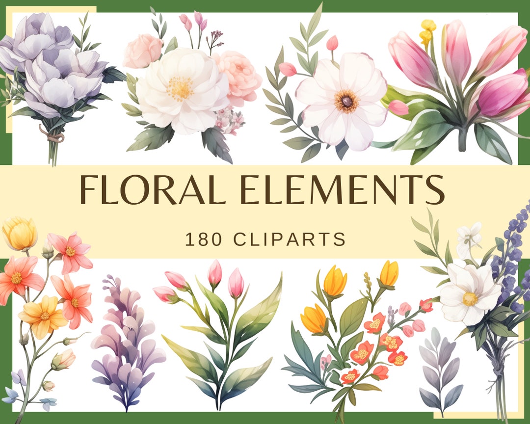 Floral Clipart Bundle: 180 Gentle Gold Flower Elements (commercial Use ...
