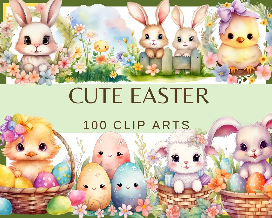 CUTE KAWAII EASTER - 100 Watercolor Clip Arts (transparent Background ...