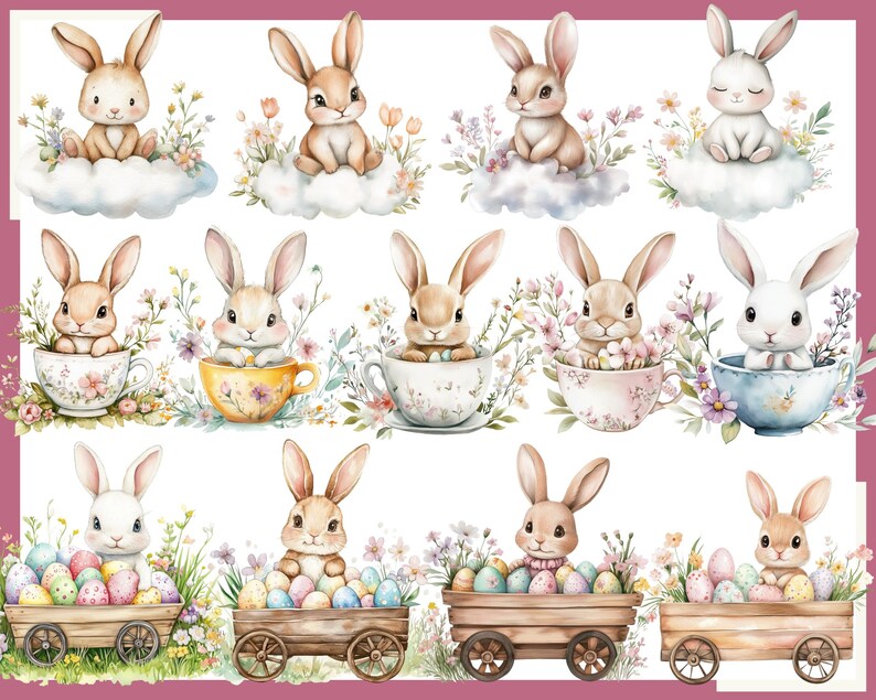 Easter Bunny Watercolor Clipart: 110 PNG Illustrations (commercial Use ...