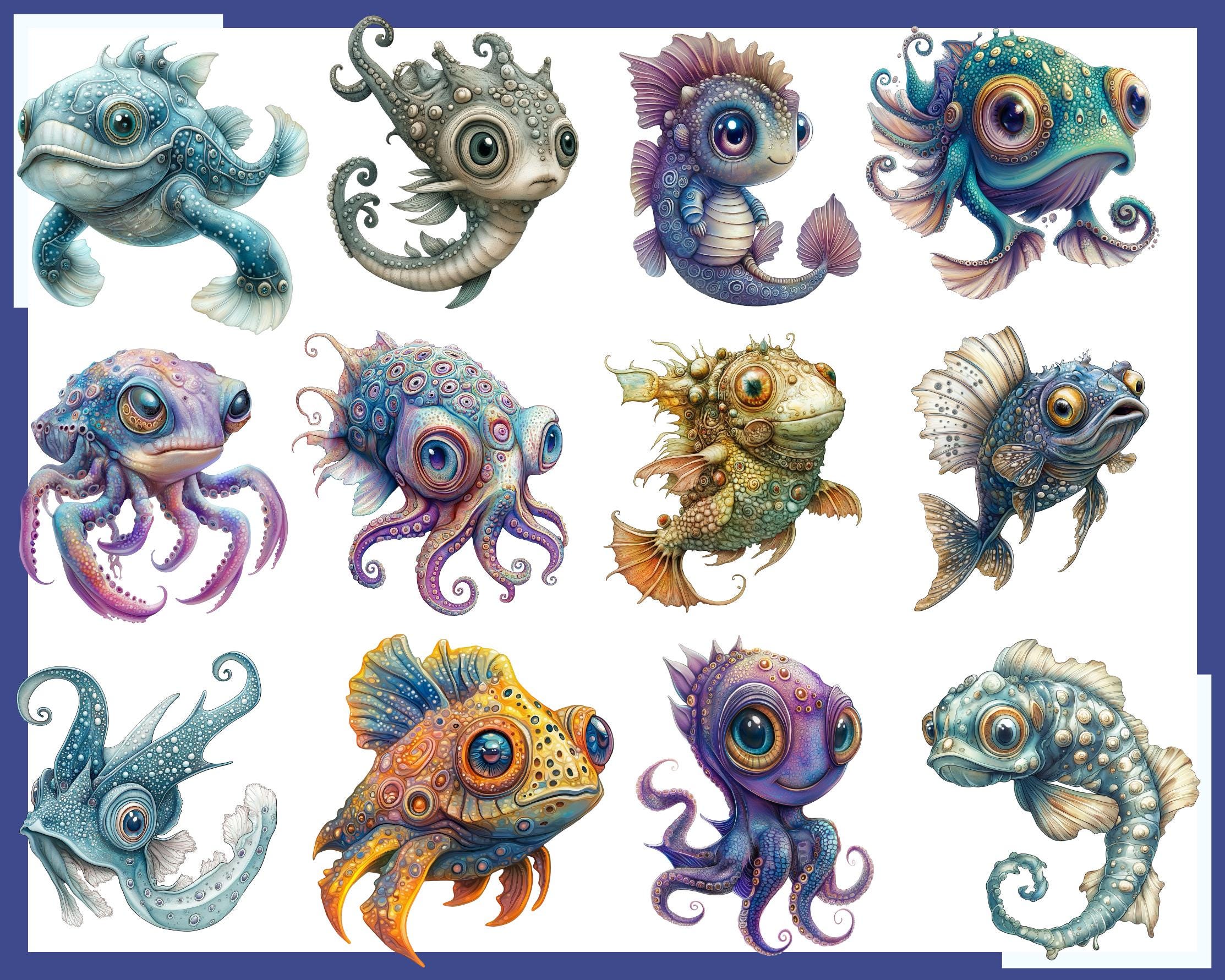 Quirky Sea Animals Clip Art: Vivid Ocean Illustrations (300 Dpi) - Etsy