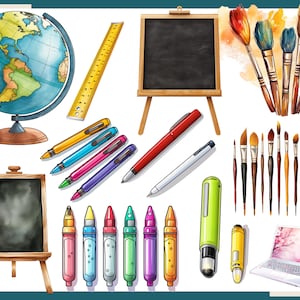 Watercolor School Supply Clip Art: 100 PNG Graphics (digital Download ...