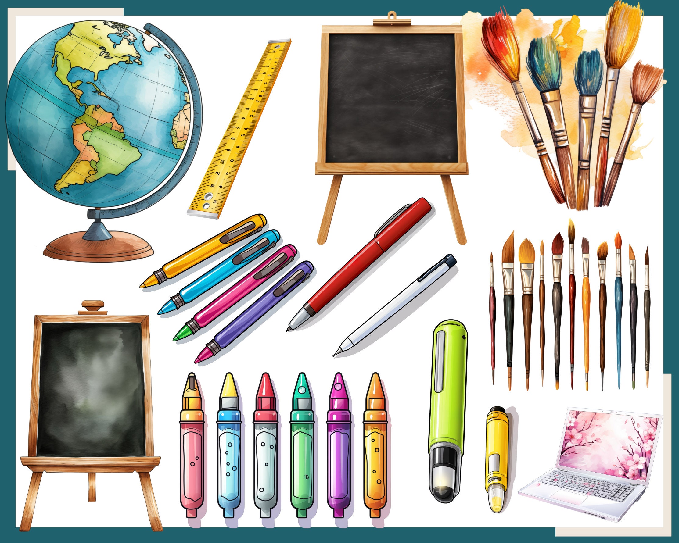 Watercolor School Supply Clip Art: 100 PNG Graphics (digital Download ...
