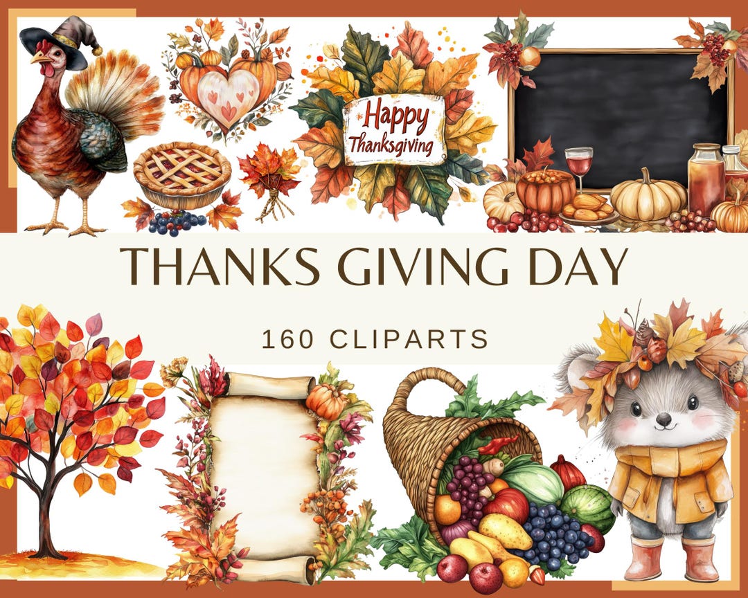 Watercolor Thanksgiving Clipart: Pumpkins, Leaves, Turkey (PNG Digital ...