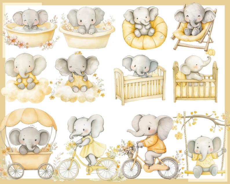 Light Yellow Elephant Watercolor Clipart: 120 PNG Graphics (commercial ...