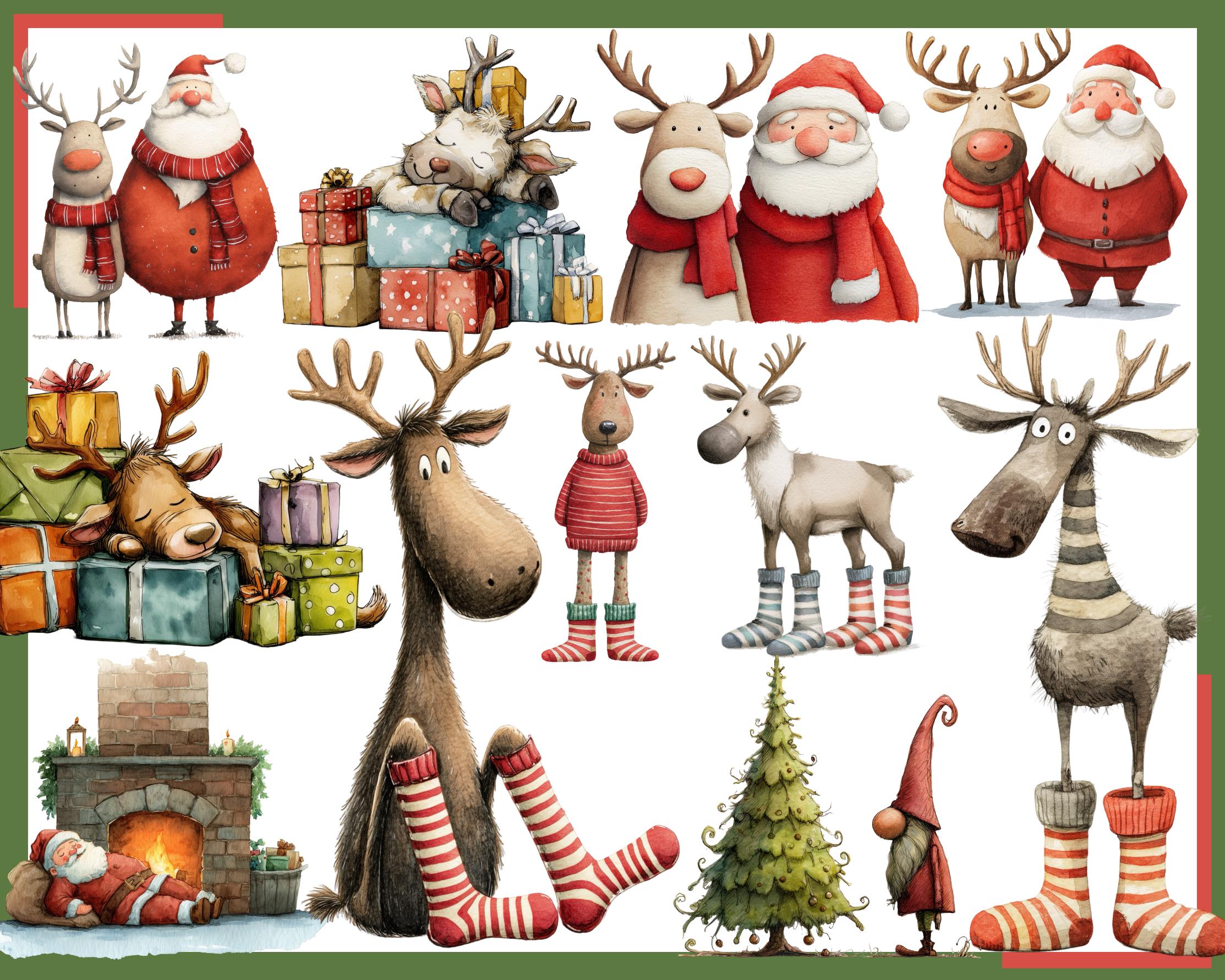 Quirky Santa and Reindeer Clipart: 110 PNG, 300 DPI | Funny Christmas ...