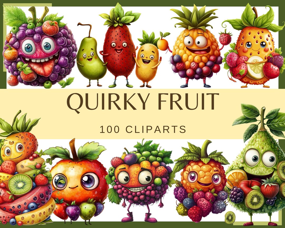 QUIRKY FRUIT - 100 Clip Arts (300 Dpi Banana, Funny Fruit, Bundle ...