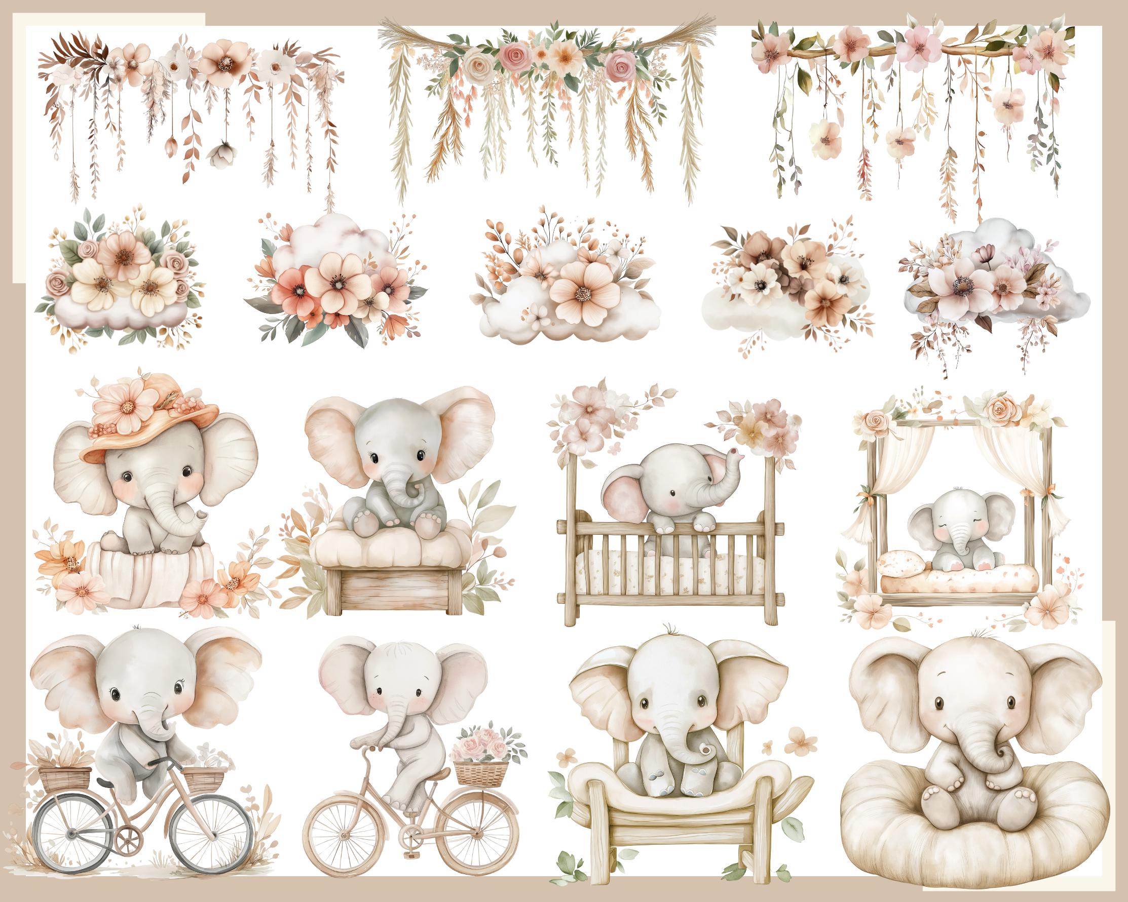 Beige Boho Baby Elephant Watercolor Clipart (PNG 300 Dpi) - Etsy