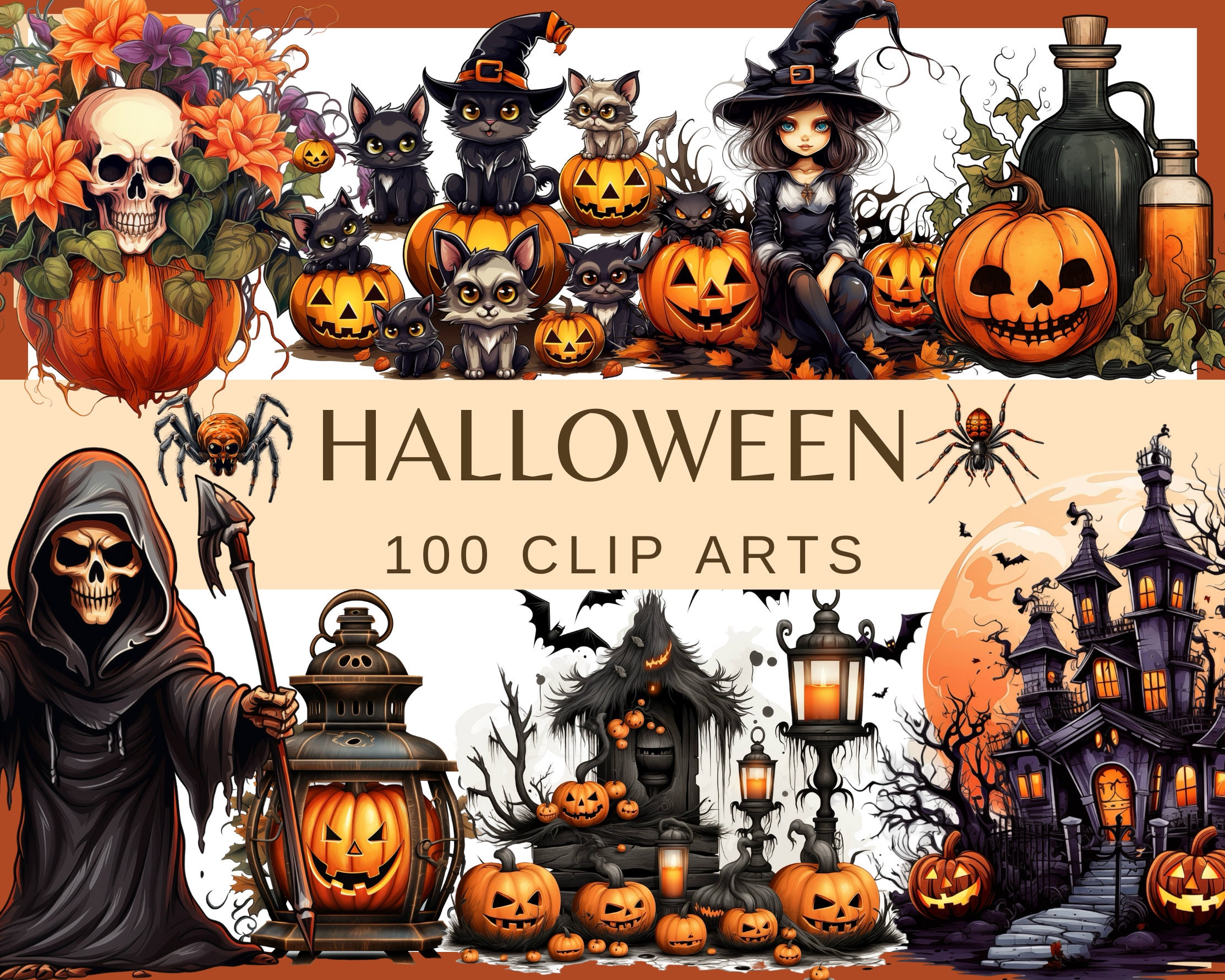 Halloween Clip Art Bundle: Witch, Ghost, Bat, Spooky PNG (digital ...