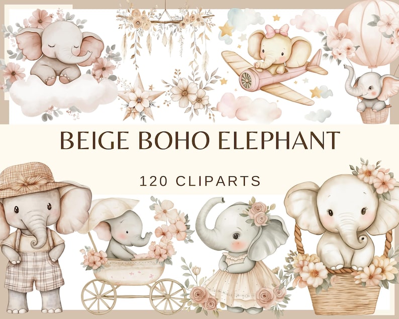 Beige Boho Baby Elephant Watercolor Clipart (PNG 300 Dpi) - Etsy