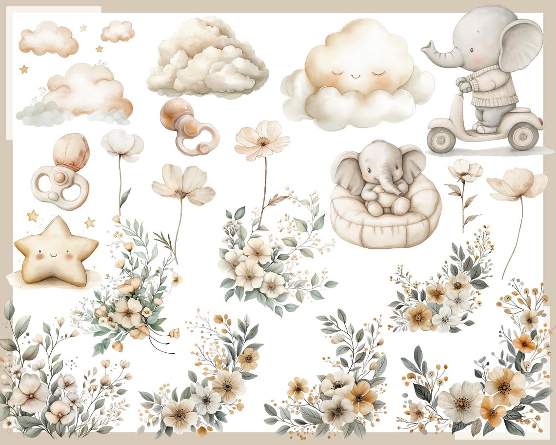 Watercolor Elephant Clip Art: Light Beige, 110 PNG Images (commercial ...