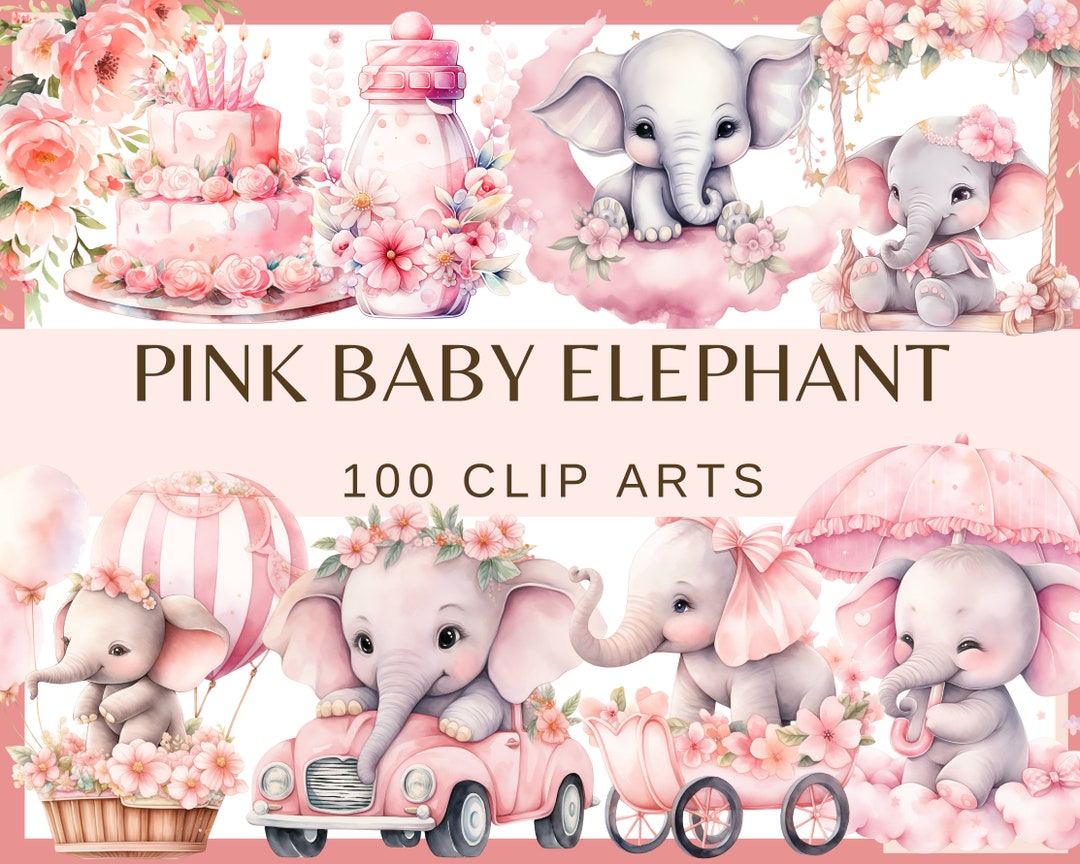 Pink Baby Elephant Watercolor Clipart: 100 PNG Graphics (commercial Use ...
