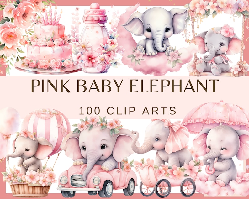 Pink Baby Elephant Watercolor Clipart: 100 PNG Graphics (commercial Use ...