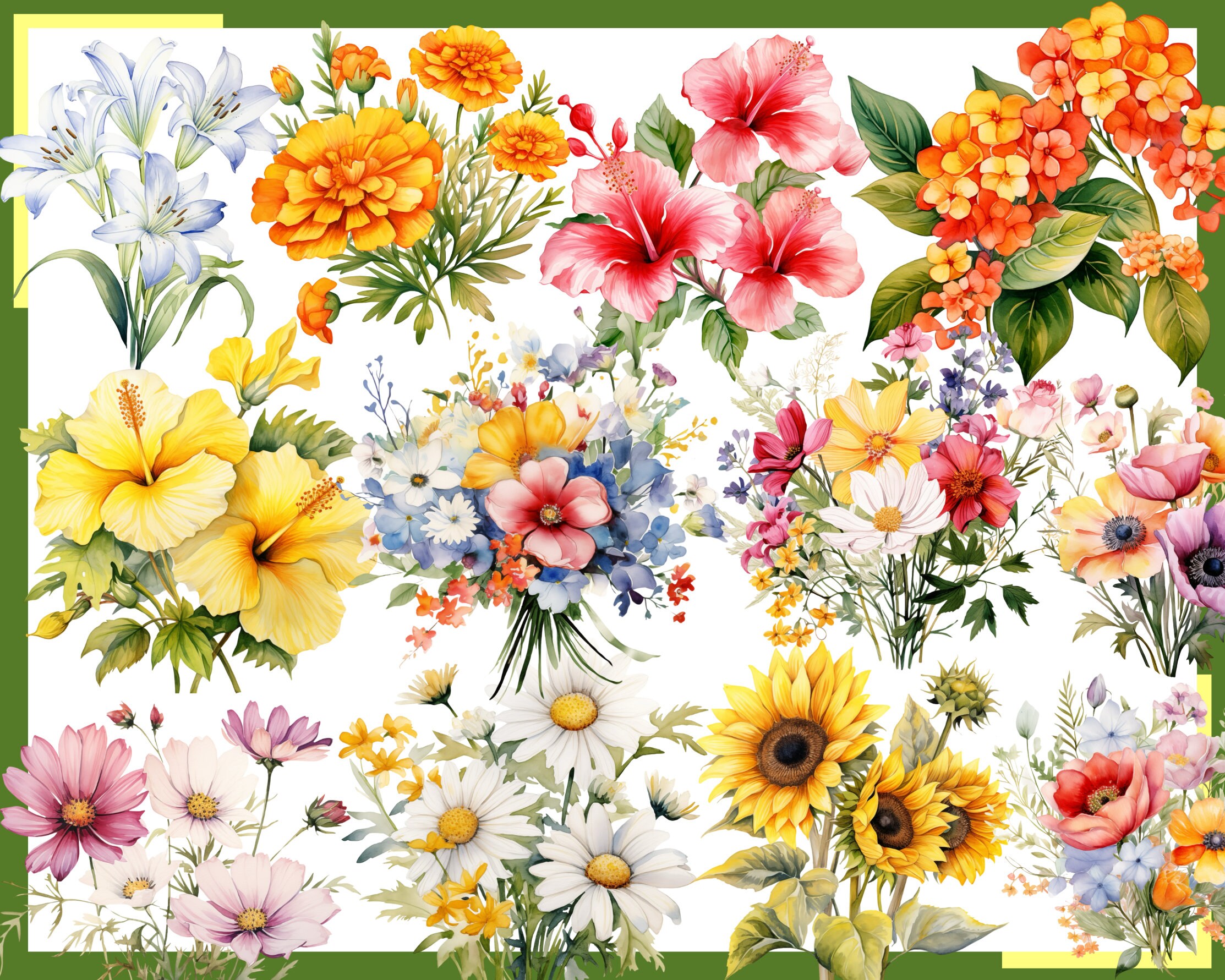 Summer Flowers: 120 PNG, 300 DPI Clipart Floral Garden Graphics ...