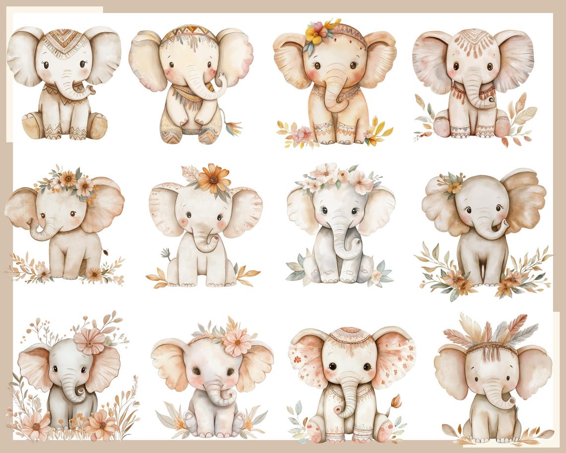 Beige Boho Baby Elephant Watercolor Clipart (PNG 300 Dpi) - Etsy