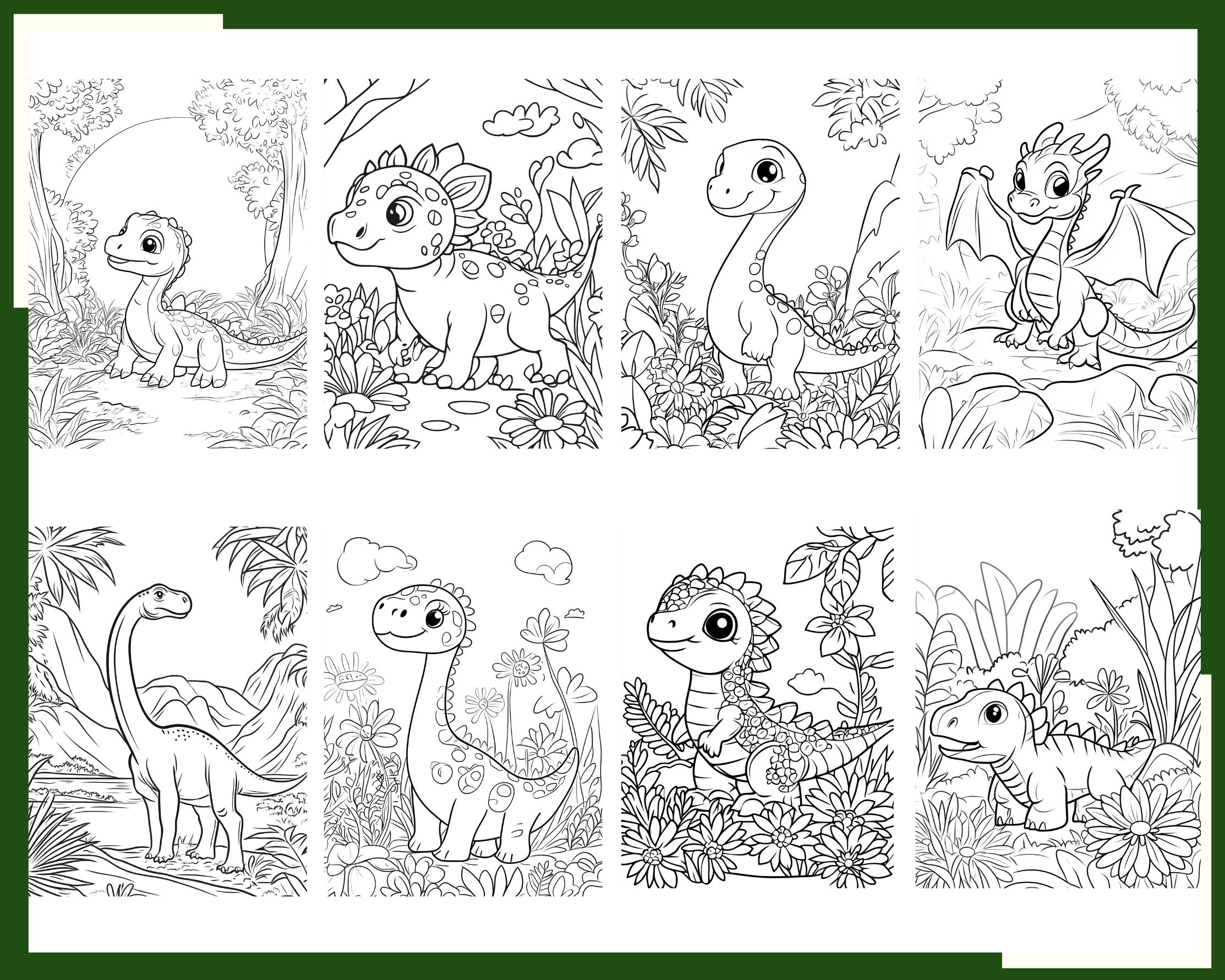 Dino & Dragon Coloring Pages: 100 Watercolor Clip Art (PNG) - Etsy