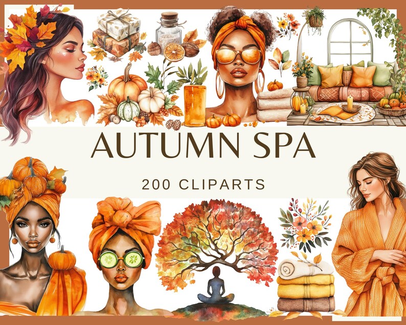 Autumn Spa Clipart: Watercolor Self-care, Pumpkins, Candles (200 PNG ...