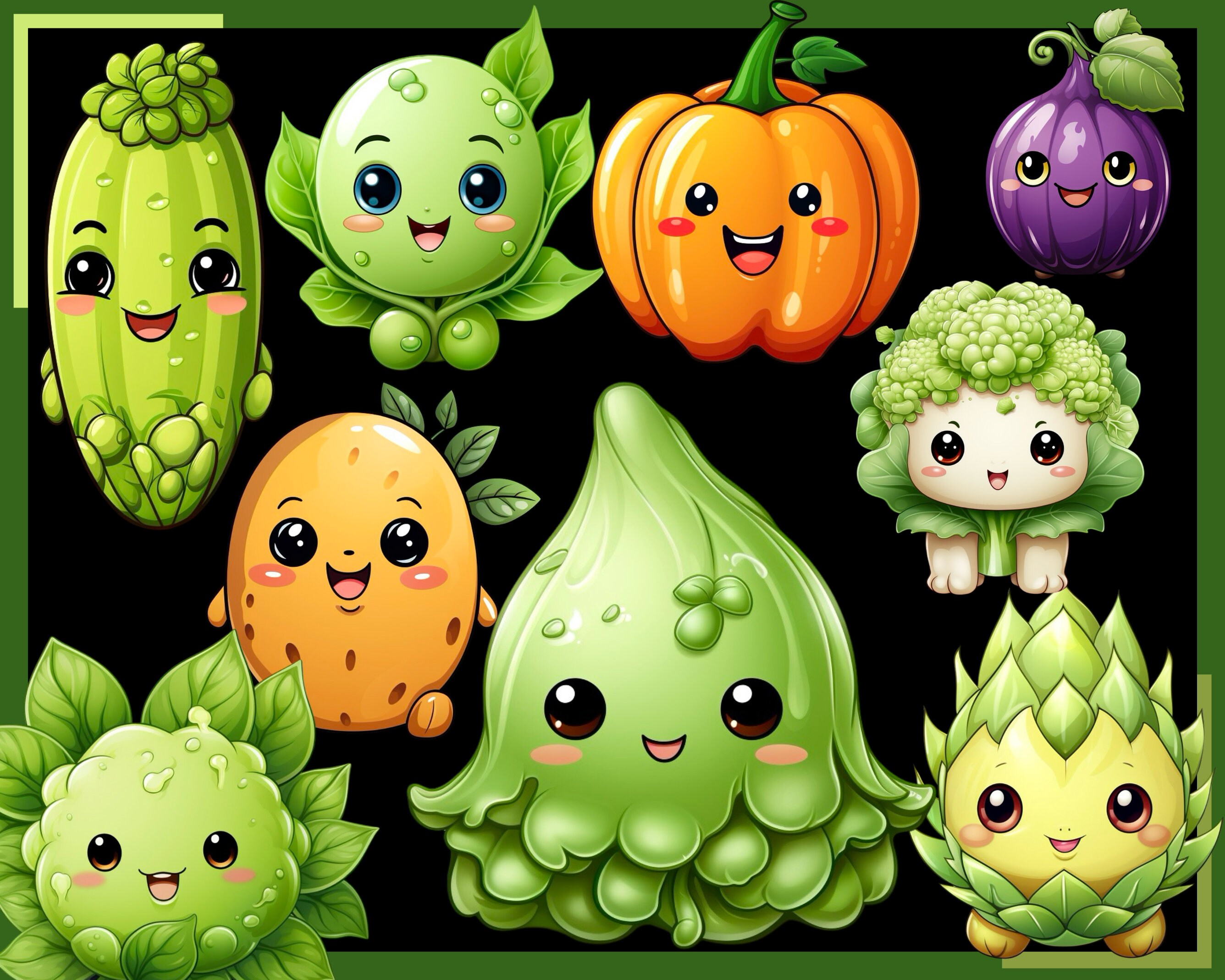 CUTE KAWAII VEGETABLE - 75 Clip Arts (300 Dpi, Transparent Background ...
