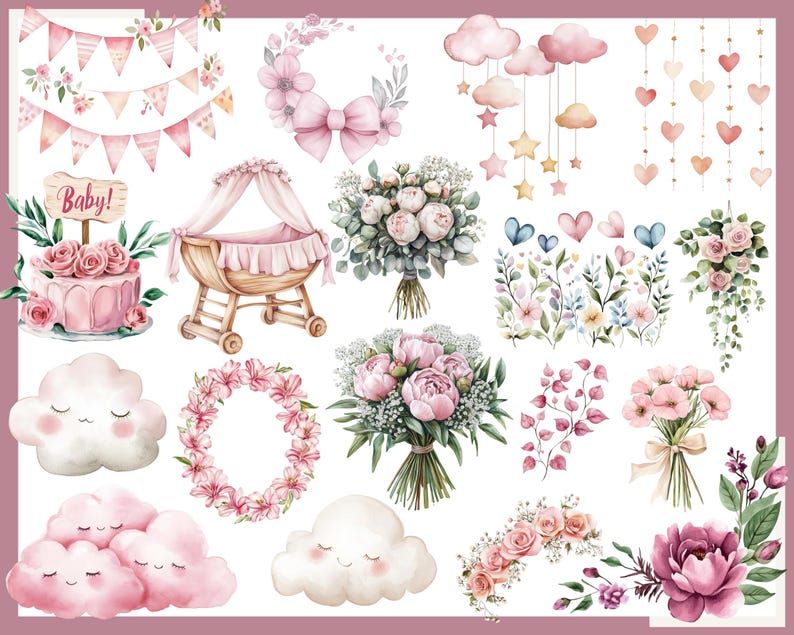 Girl's Baby Shower Clipart: Watercolor Animals (250 PNG) - Etsy