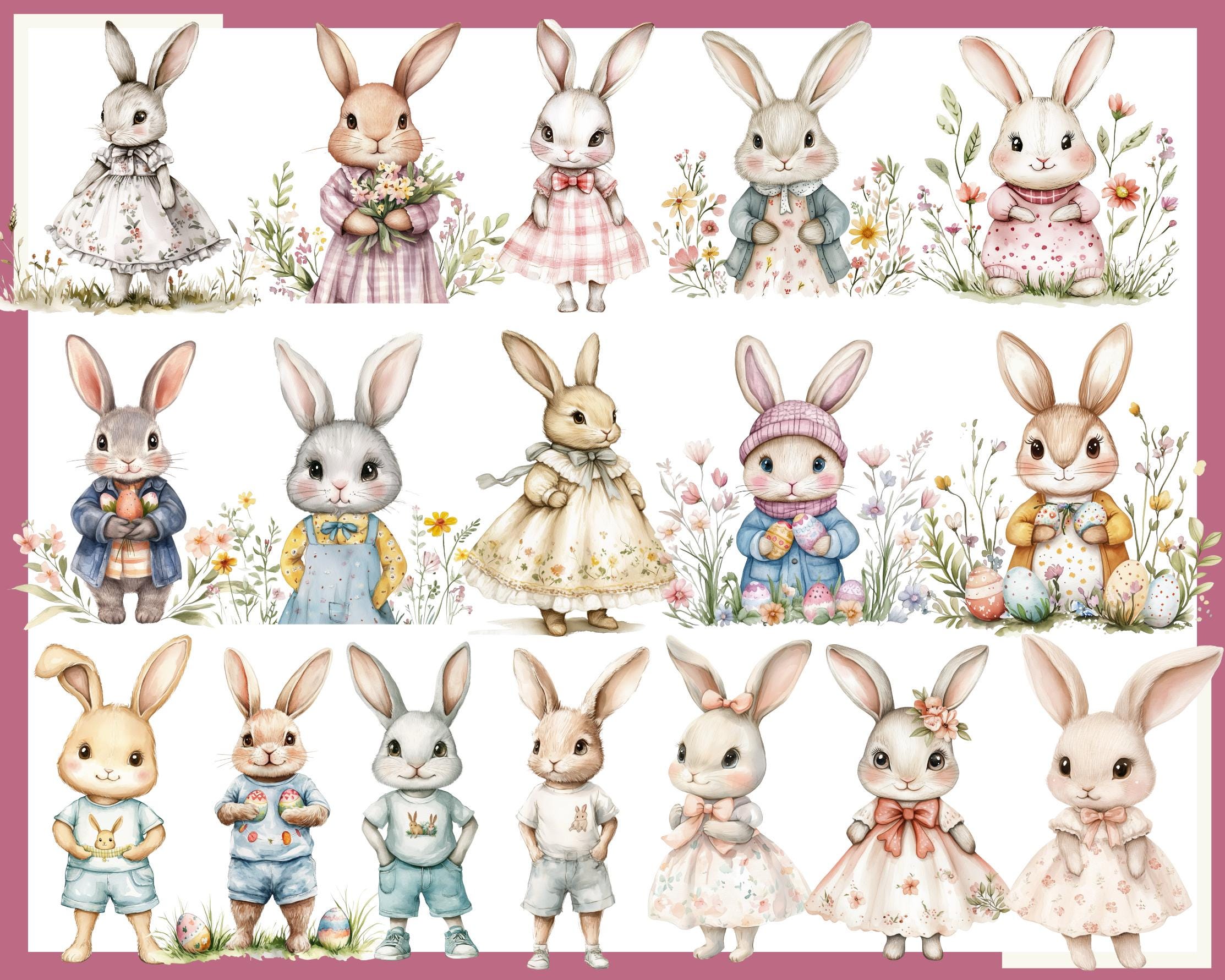 Easter Bunny Watercolor Clipart: 110 PNG Illustrations (commercial Use ...