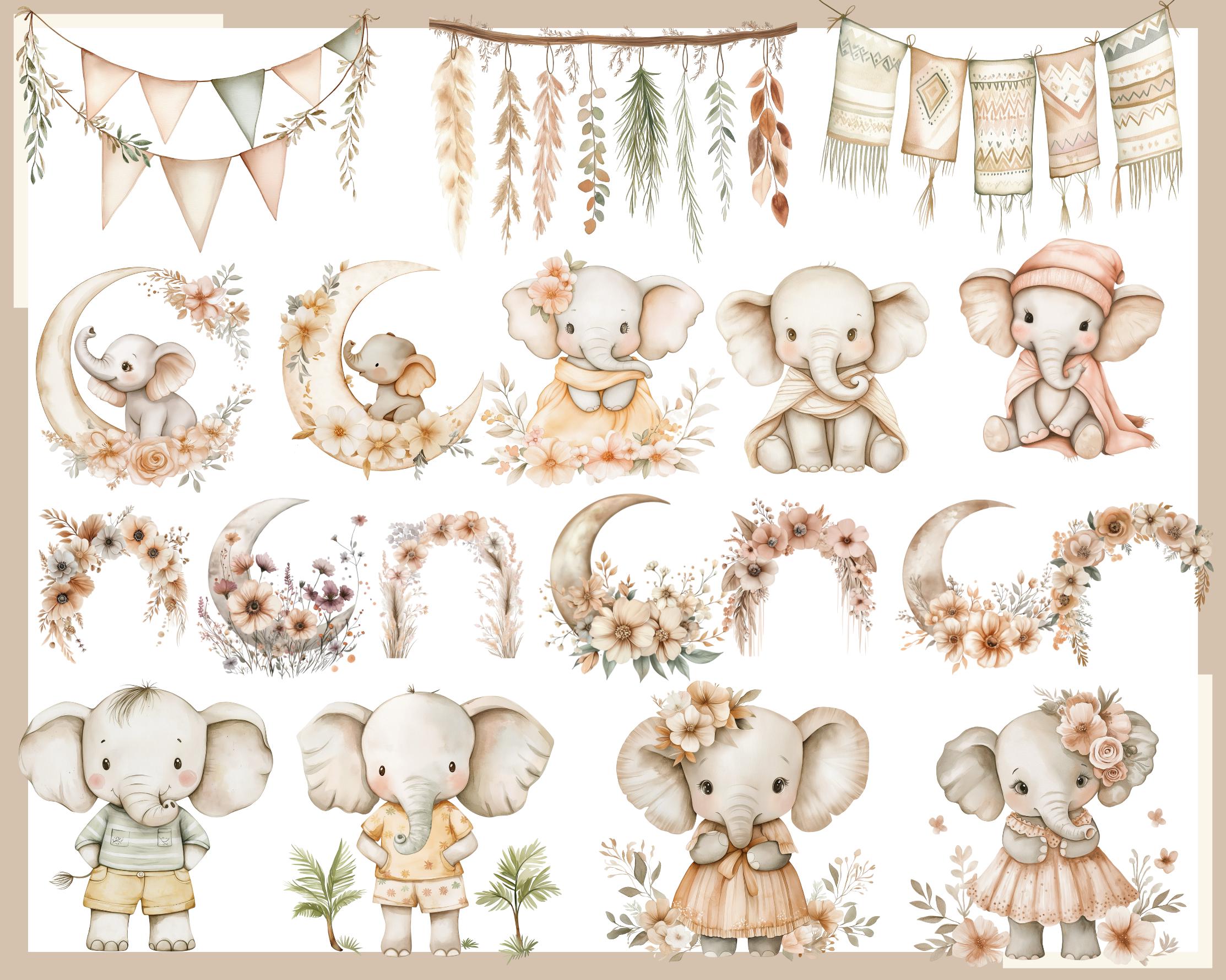 Beige Boho Baby Elephant Watercolor Clipart (PNG 300 Dpi) - Etsy