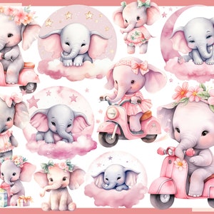 Pink Baby Elephant Watercolor Clipart: 100 PNG Graphics (commercial Use ...