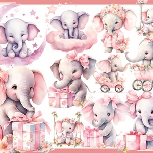 Pink Baby Elephant Watercolor Clipart: 100 PNG Graphics (commercial Use ...