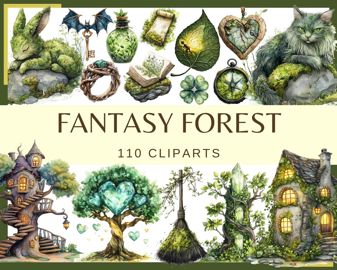 Fantasy Forest Clipart: Watercolor Woodland PNG, Fairy Tale Elements ...