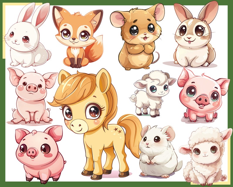 CUTE KAWAII Domestic ANIMALS - 100 Clip Arts (300 Dpi, Cute Animals ...