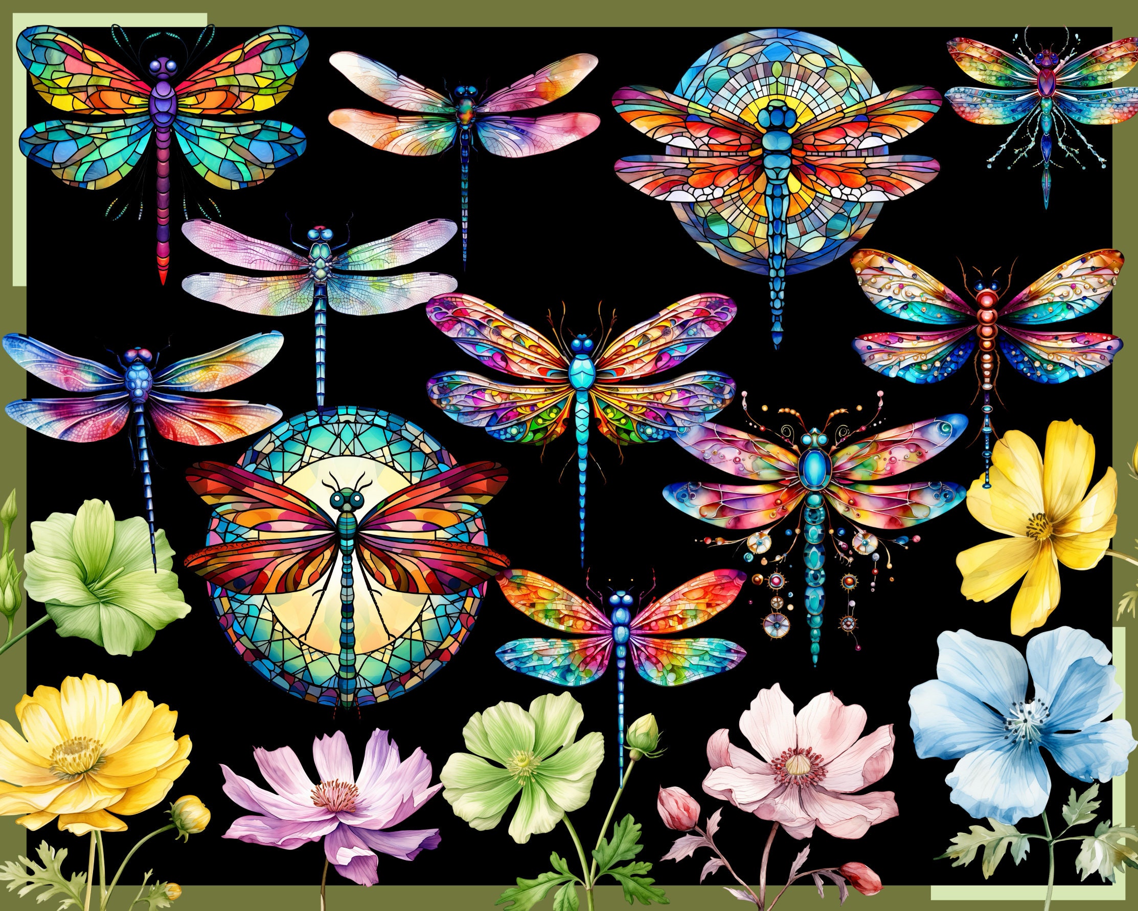 100 Dragonfly Clip Art: Stained Glass & Watercolor PNG (commercial Use ...