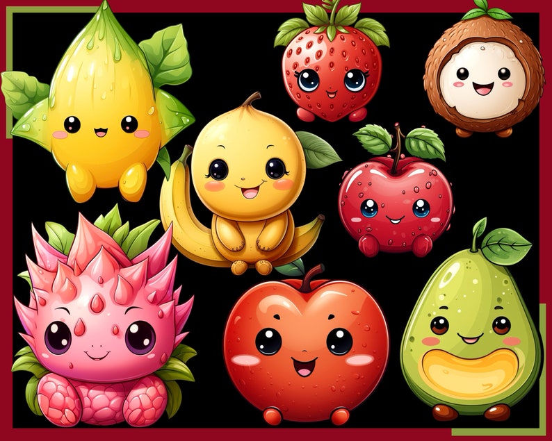 CUTE KAWAII FRUITS - 100 Clip Arts (300 Dpi, Fruit, Transparent ...