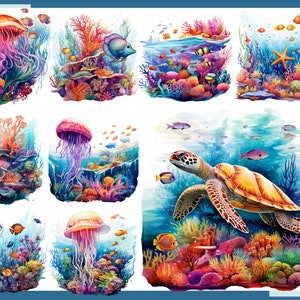Sea Life Clip Art Bundle: 100 PNG Marine Animal Graphics (commercial ...