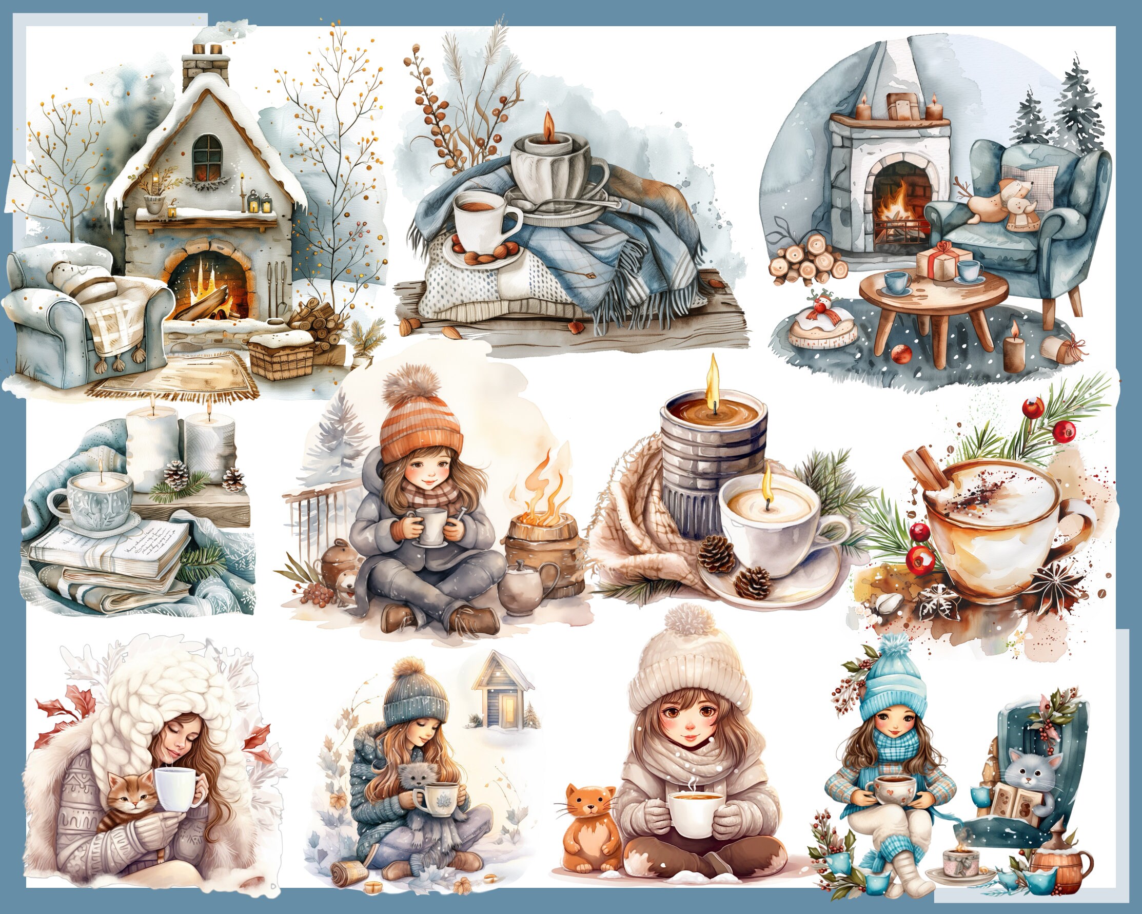 Cosy Winter Watercolor Clipart Bundle: 100 PNG Graphics (digital ...