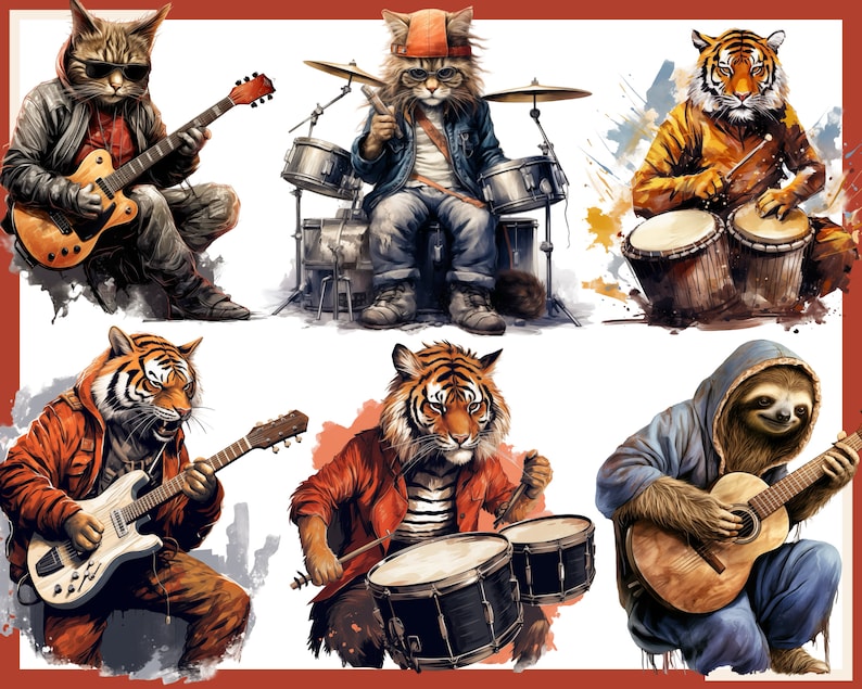 Animal Musicians Clip Art: Drums & Guitars Bundle (110 PNG) - Etsy