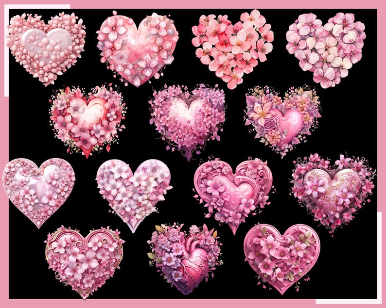 Pink Hearts Clip Art: 110 PNG, 300 DPI Valentine's Day Graphics, Love ...