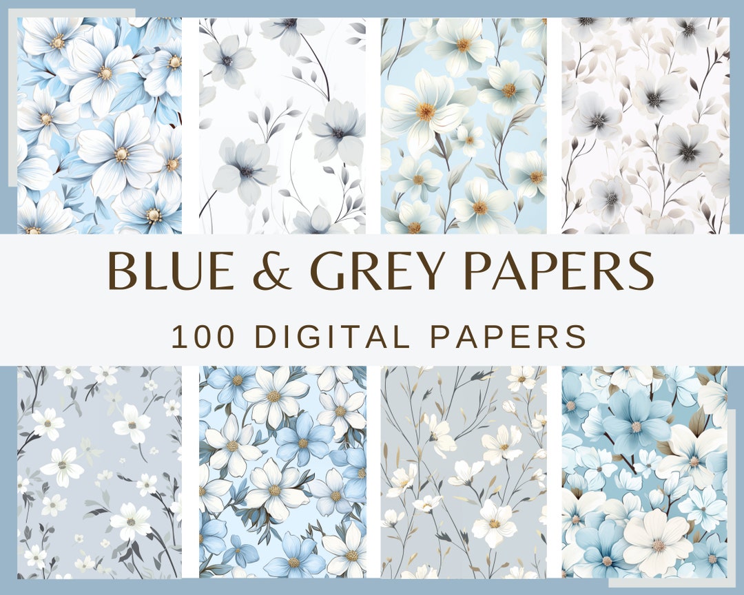 Blue & Grey Floral Digital Papers: 110 Flower Graphics (300 DPI) - Etsy
