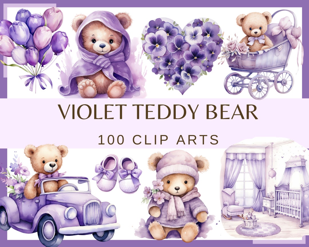Violet Teddy Bear Watercolor Clipart: 100 PNG Nursery Graphics (digital ...