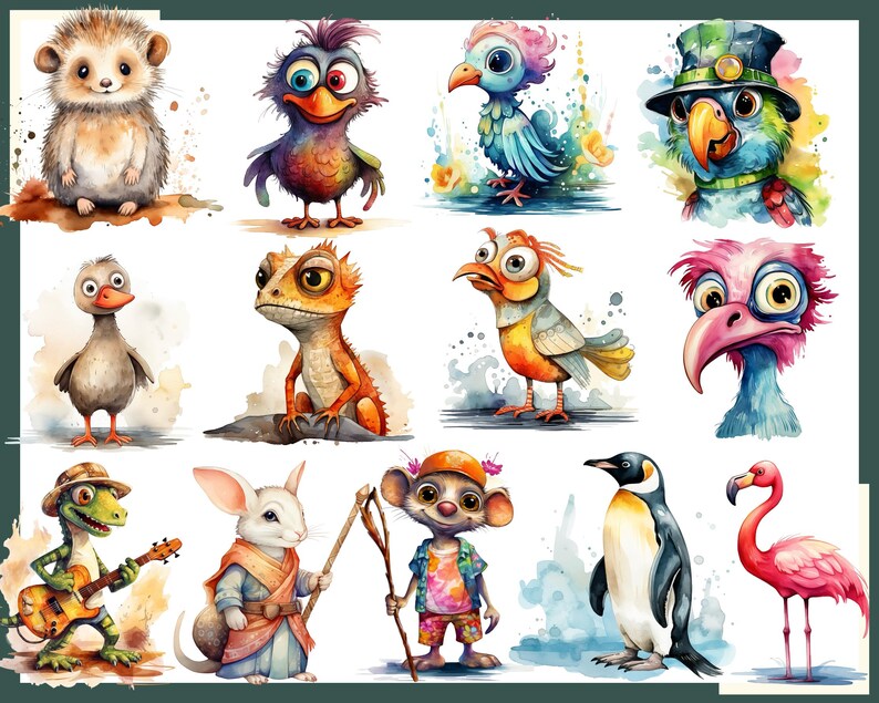 FUNNY ANIMALS - 100 Clip Arts (300 Dpi, Cute Animals, Birds, Fish, Frog ...