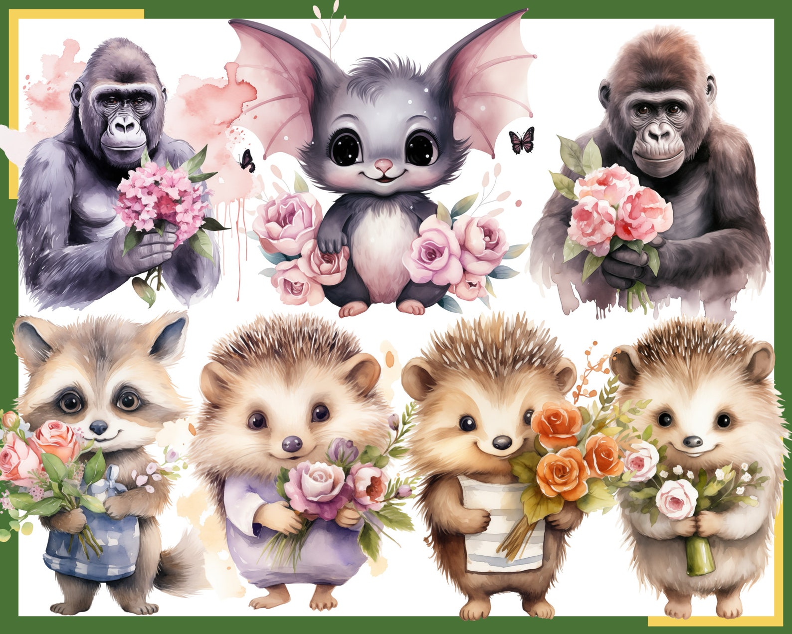 ANIMALS With FLOWERS - 100 Clip Arts (300 Dpi, Cute Animals, Baby ...
