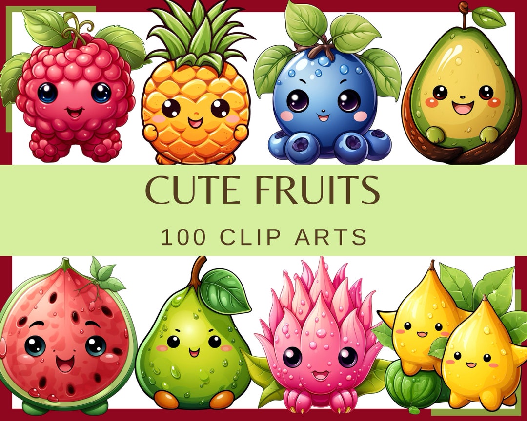 CUTE KAWAII FRUITS - 100 Clip Arts (300 Dpi, Fruit, Transparent ...
