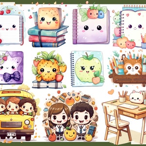 KAWAII SCHOOL SUPPLY - 110 Watercolor Clip Arts (png, 300 Dpi, Notebook ...
